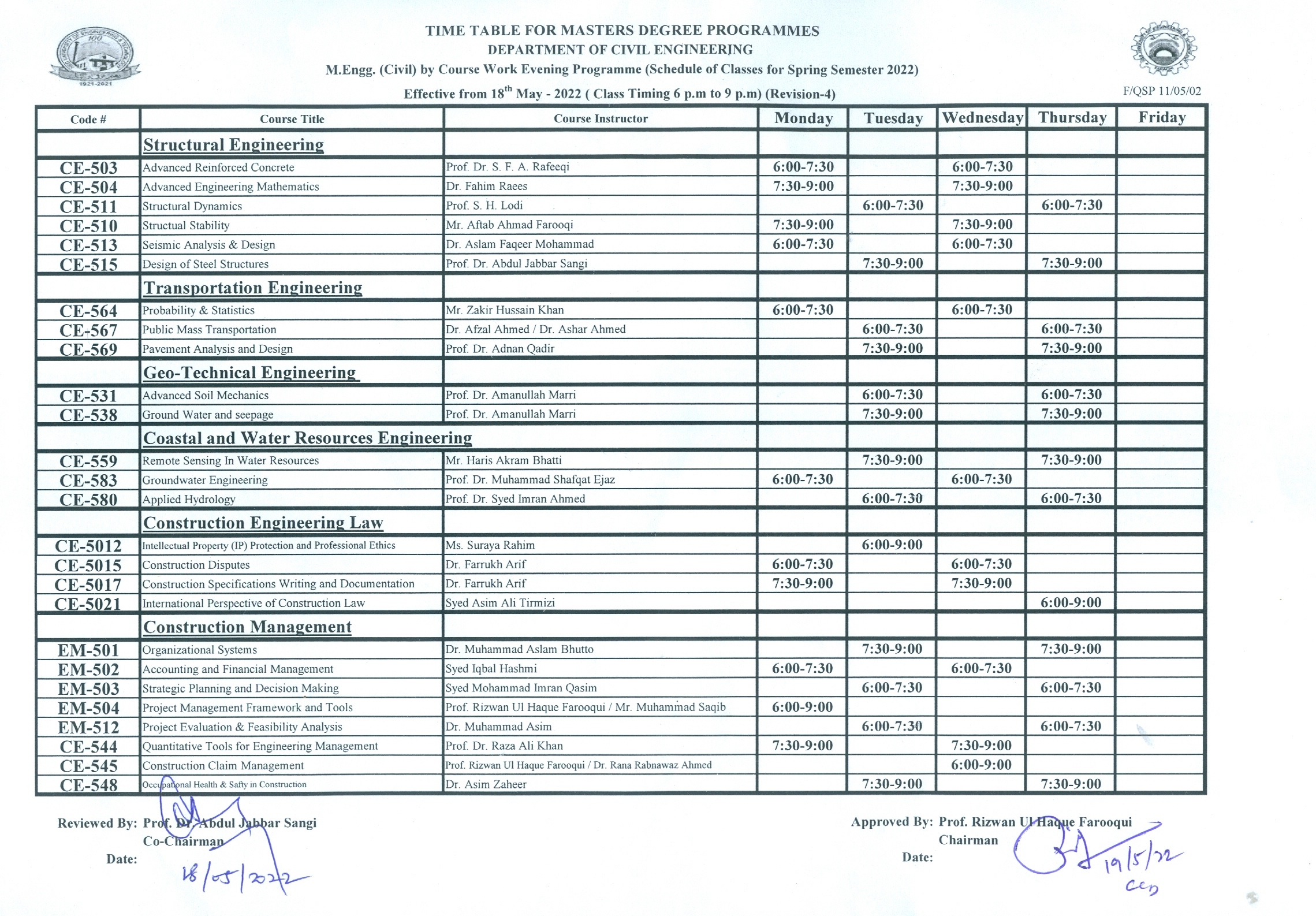 Timetable for M.Engg. (Civil ) & MEM (Civil) Evening Programme - Spring ...
